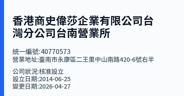 香港商史偉莎企業有限公司台灣分公司台南營業所的照片-統編 40770573(臺南市) 公司登記資料與營業項目詳細圖表