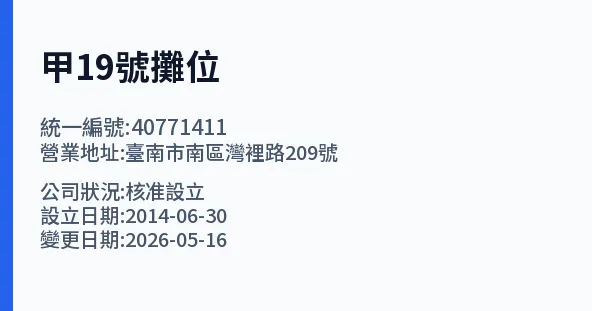 甲19號攤位的照片-統編 40771411(臺南市) 公司登記資料與營業項目詳細圖表