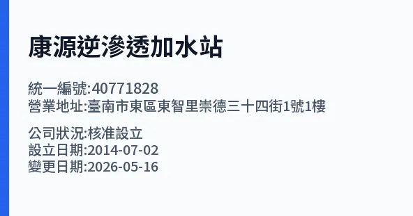 康源逆滲透加水站的照片-統編 40771828(臺南市) 公司登記資料與營業項目詳細圖表