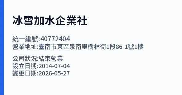 冰雪加水企業社的照片-統編 40772404(臺南市) 公司登記資料與營業項目詳細圖表
