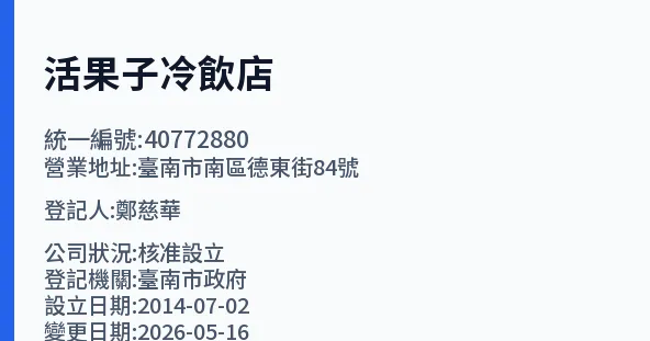 活果子冷飲店的照片-統編 40772880(臺南市) 公司登記資料與營業項目詳細圖表