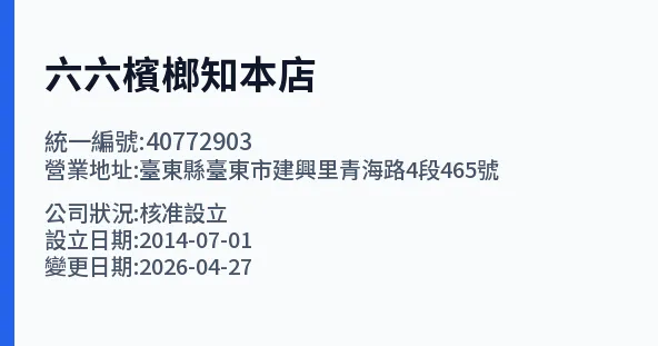 六六檳榔知本店的照片-統編 40772903(臺東縣) 公司登記資料與營業項目詳細圖表