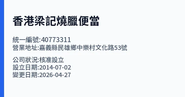 香港梁記燒臘便當的照片-統編 40773311(嘉義縣) 公司登記資料與營業項目詳細圖表