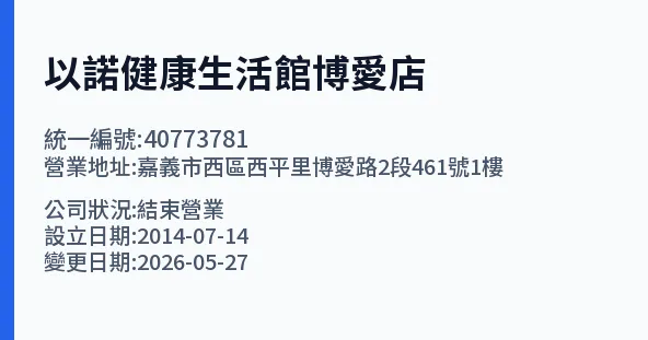 以諾健康生活館博愛店的照片-統編 40773781(嘉義市) 公司登記資料與營業項目詳細圖表