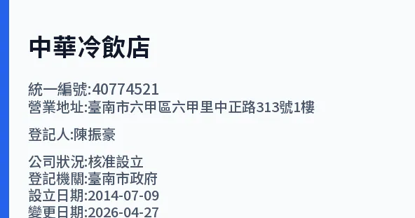 中華冷飲店的照片-統編 40774521(臺南市) 公司登記資料與營業項目詳細圖表