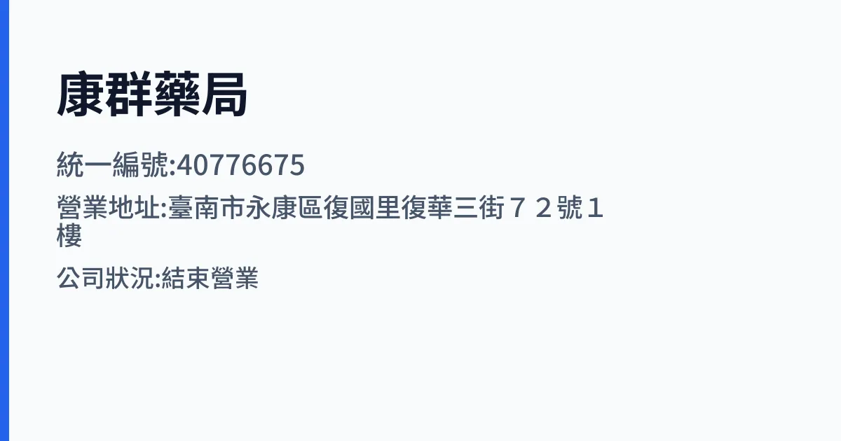 康群藥局 - 統編 40776675(臺南市) 公司登記資料與營業項目詳細圖表