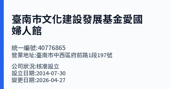 臺南市文化建設發展基金愛國婦人館的照片-統編 40776865(臺南市) 公司登記資料與營業項目詳細圖表