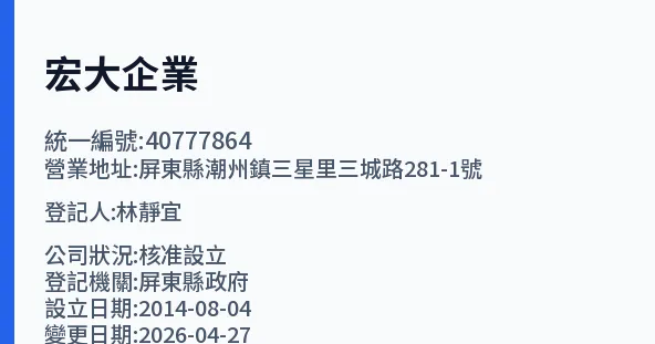 宏大企業的照片-統編 40777864(屏東縣) 公司登記資料與營業項目詳細圖表