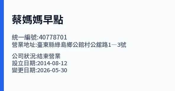 蔡媽媽早點的照片-統編 40778701(臺東縣) 公司登記資料與營業項目詳細圖表