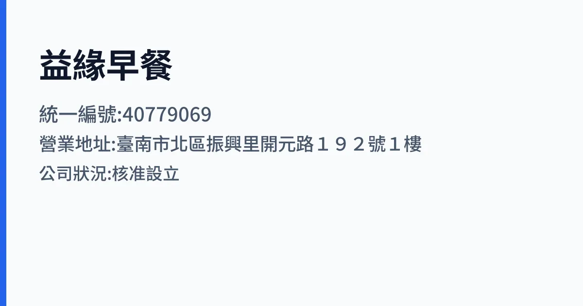 益緣早餐 - 統編 40779069(臺南市) 公司登記資料與營業項目詳細圖表