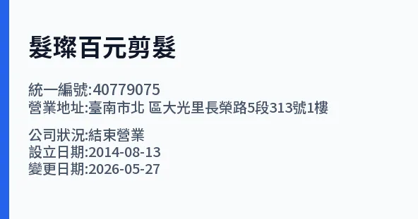 髮璨百元剪髮的照片-統編 40779075(臺南市) 公司登記資料與營業項目詳細圖表