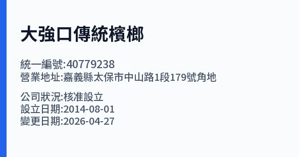 大強口傳統檳榔的照片-統編 40779238(嘉義縣) 公司登記資料與營業項目詳細圖表