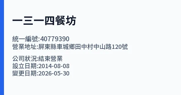 一三一四餐坊的照片-統編 40779390(屏東縣) 公司登記資料與營業項目詳細圖表