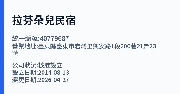 拉芬朵兒民宿的照片-統編 40779687(臺東縣) 公司登記資料與營業項目詳細圖表