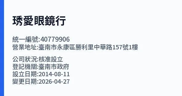 琇愛眼鏡行的照片-統編 40779906(臺南市) 公司登記資料與營業項目詳細圖表