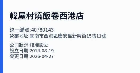 韓屋村燒飯卷西港店的照片-統編 40780143(臺南市) 公司登記資料與營業項目詳細圖表