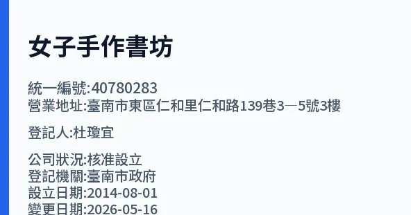女子手作書坊的照片-統編 40780283(臺南市) 公司登記資料與營業項目詳細圖表