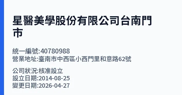 星醫美學股份有限公司台南門市的照片-統編 40780988(臺南市) 公司登記資料與營業項目詳細圖表
