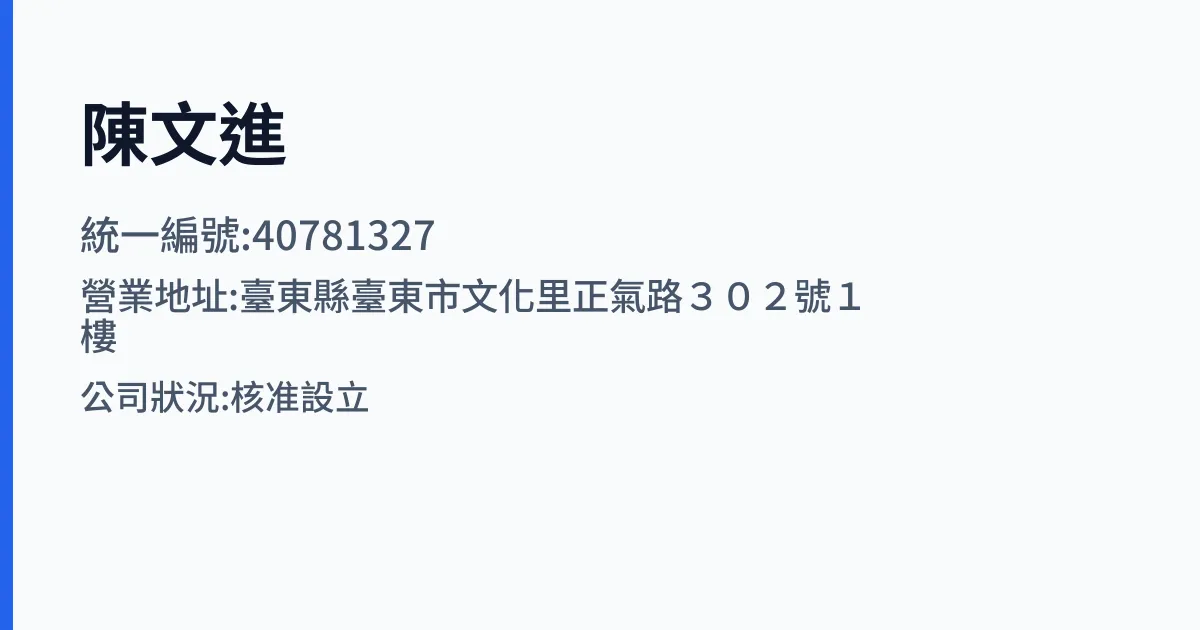 陳文進 - 統編 40781327(臺東縣) 公司登記資料與營業項目詳細圖表