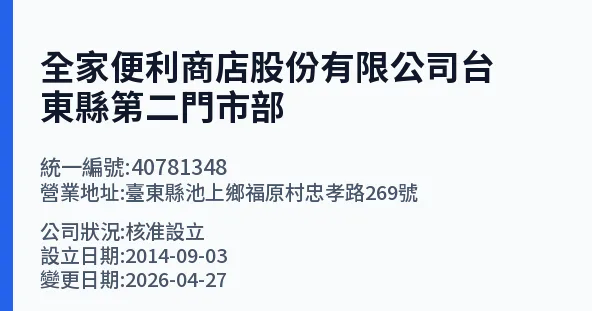 全家便利商店股份有限公司台東縣第二門市部的照片-統編 40781348(臺東縣) 公司登記資料與營業項目詳細圖表