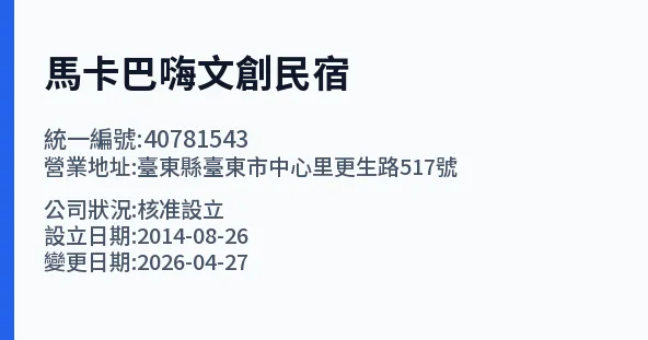 馬卡巴嗨文創民宿的照片-統編 40781543(臺東縣) 公司登記資料與營業項目詳細圖表
