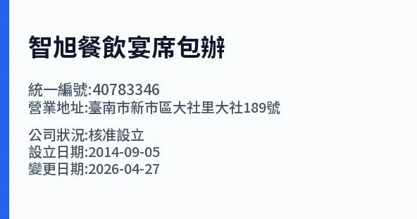 智旭餐飲宴席包辦的照片-統編 40783346(臺南市) 公司登記資料與營業項目詳細圖表