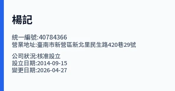 楊記的照片-統編 40784366(臺南市) 公司登記資料與營業項目詳細圖表