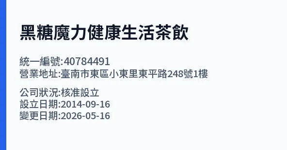 黑糖魔力健康生活茶飲的照片-統編 40784491(臺南市) 公司登記資料與營業項目詳細圖表