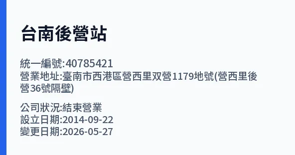台南後營站的照片-統編 40785421(臺南市) 公司登記資料與營業項目詳細圖表