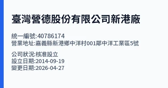 臺灣營德股份有限公司新港廠的照片-統編 40786174(嘉義縣) 公司登記資料與營業項目詳細圖表