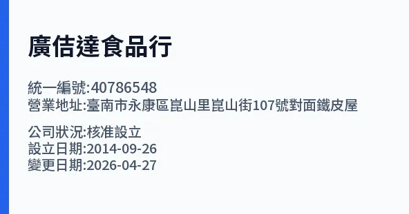 廣佶達食品行的照片-統編 40786548(臺南市) 公司登記資料與營業項目詳細圖表