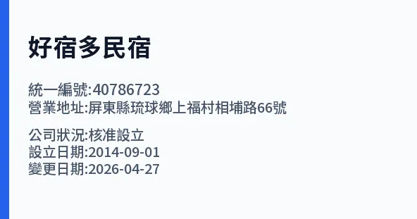 好宿多民宿的照片-統編 40786723(屏東縣) 公司登記資料與營業項目詳細圖表