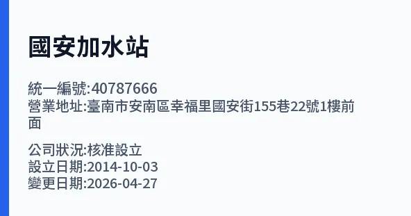 國安加水站的照片-統編 40787666(臺南市) 公司登記資料與營業項目詳細圖表