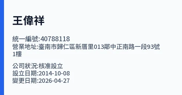 王偉祥的照片-統編 40788118(臺南市) 公司登記資料與營業項目詳細圖表
