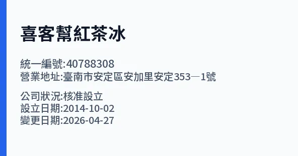 喜客幫紅茶冰的照片-統編 40788308(臺南市) 公司登記資料與營業項目詳細圖表