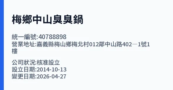 梅鄉中山臭臭鍋的照片-統編 40788898(嘉義縣) 公司登記資料與營業項目詳細圖表