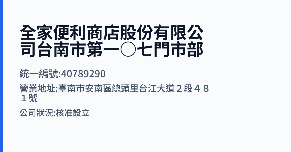 全家便利商店股份有限公司台南市第一○七門市部 - 統編 40789290(臺南市) 公司登記資料與營業項目詳細圖表
