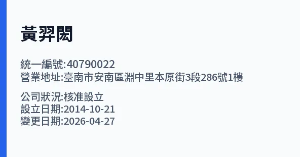 黃羿閎的照片-統編 40790022(臺南市) 公司登記資料與營業項目詳細圖表