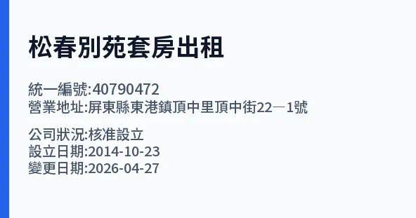 松春別苑套房出租的照片-統編 40790472(屏東縣) 公司登記資料與營業項目詳細圖表