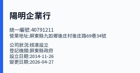 陽明企業行的照片-統編 40791211(屏東縣) 公司登記資料與營業項目詳細圖表