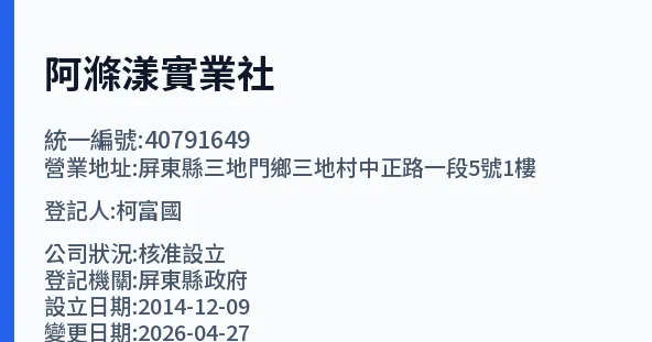 阿滌漾實業社的照片-統編 40791649(屏東縣) 公司登記資料與營業項目詳細圖表