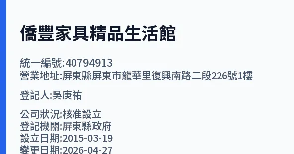僑豐家具精品生活館的照片-統編 40794913(屏東縣) 公司登記資料與營業項目詳細圖表