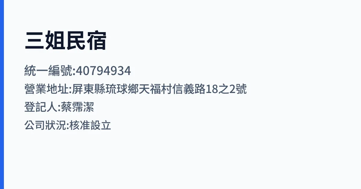 三姐民宿 - 統編 40794934(屏東縣) 公司登記資料與營業項目詳細圖表