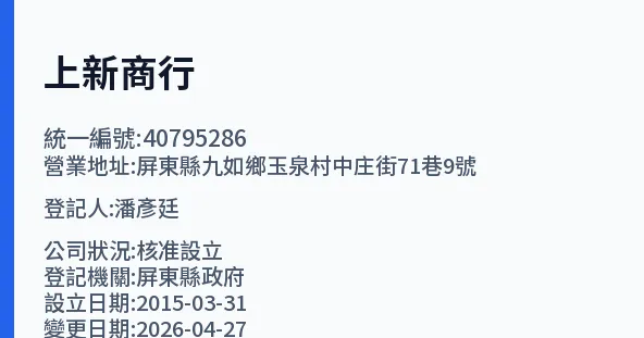 上新商行的照片-統編 40795286(屏東縣) 公司登記資料與營業項目詳細圖表