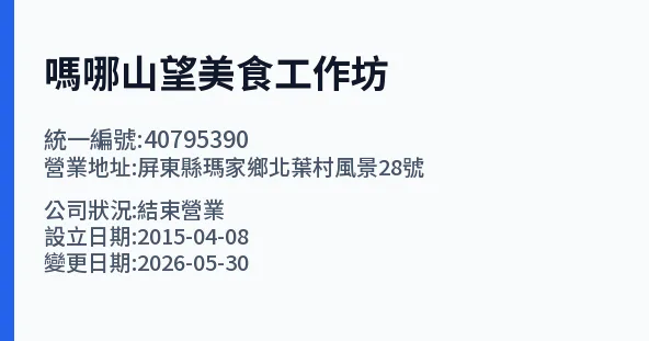 嗎哪山望美食工作坊的照片-統編 40795390(屏東縣) 公司登記資料與營業項目詳細圖表