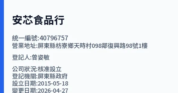 安芯食品行的照片-統編 40796757(屏東縣) 公司登記資料與營業項目詳細圖表