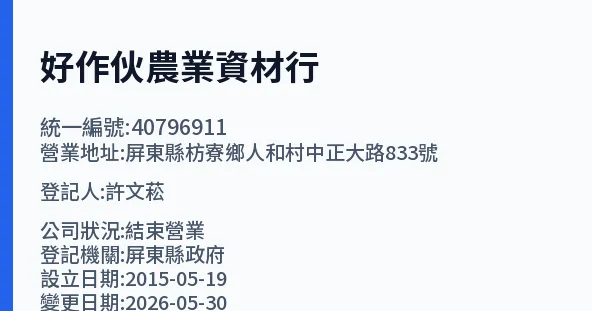 好作伙農業資材行的照片-統編 40796911(屏東縣) 公司登記資料與營業項目詳細圖表