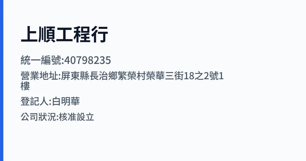 上順工程行 - 統編 40798235(屏東縣) 公司登記資料與營業項目詳細圖表