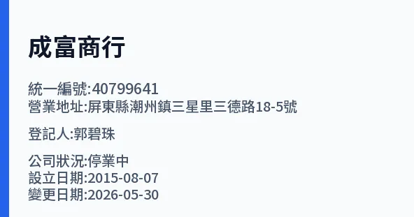 成富商行的照片-統編 40799641(屏東縣) 公司登記資料與營業項目詳細圖表