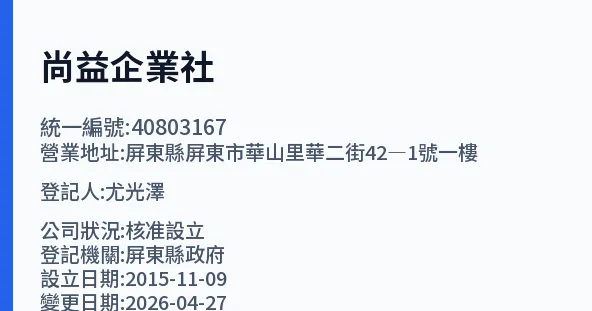 尚益企業社的照片-統編 40803167(屏東縣) 公司登記資料與營業項目詳細圖表